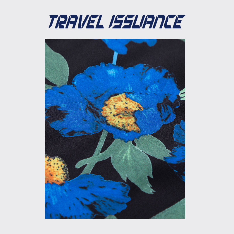 TRAVEL ISSUANCE蓝莲花复古vintage花卉满印情侣衬衫宽松短袖bf_虎窝淘