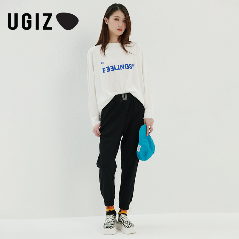 UGIZ秋季新品韩版女装休闲宽松时尚圆领纯色字母T恤女UCTE815_虎窝淘