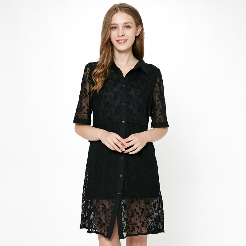 UGIZ夏季新款韩版女装蕾丝镂空假两件纯色简约连衣裙女UBOC710-4_虎窝淘