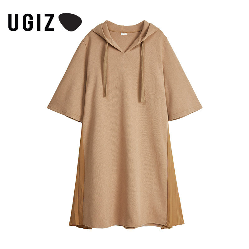 UGIZ夏季新品韩版女装时尚中长款五分袖连帽纯色连衣裙女UBLD915_虎窝淘