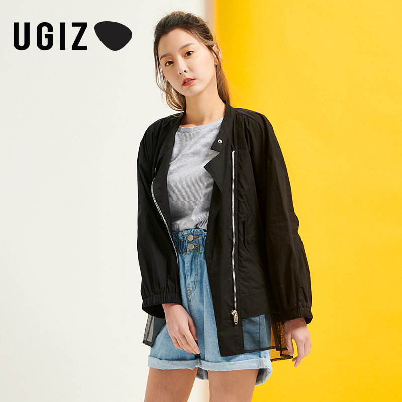 UGIZ夏季新品韩版女装立领时尚短外套网纱拼接休闲夹克女UBUD904_虎窝淘