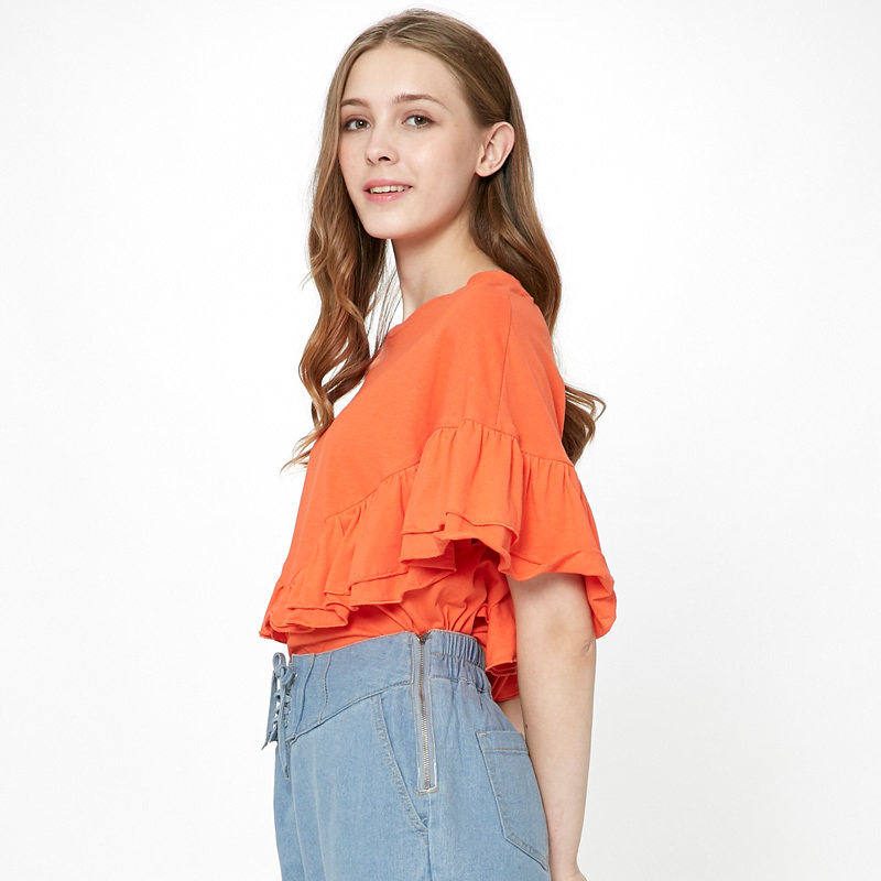 UGIZ夏季新款韩版女装荷叶边休闲蝙蝠袖圆领T恤上衣女UBTC740-5_虎窝淘