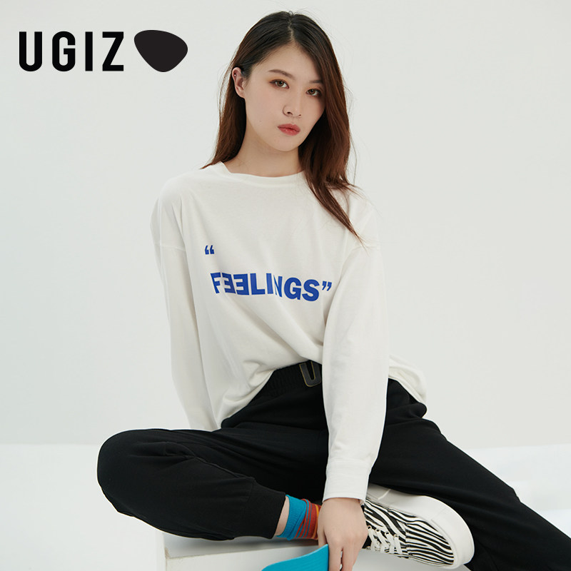 UGIZ秋季新品韩版女装休闲宽松时尚圆领纯色字母T恤女UCTE815_虎窝淘