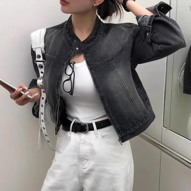 Liangliang's standing collar grinding white short denim jacket for ...