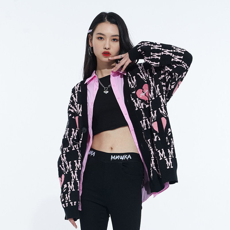 Mishka大眼球潮牌2023春夏新品爱心系列开衫提花毛衣针织衫美式_虎窝淘