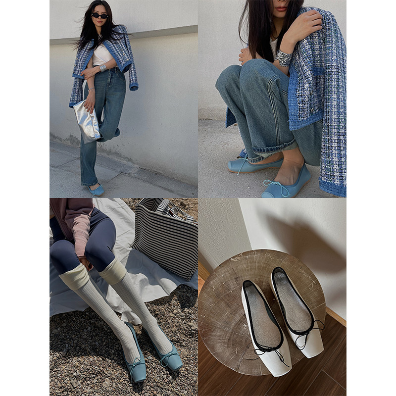 AZHU SHOES法式芭蕾舞单鞋方头蝴蝶结玛丽珍单鞋春季软底浅口平底_虎窝淘
