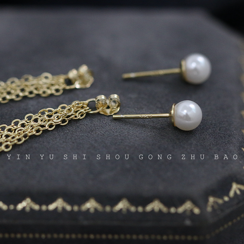 复古气质S925纯银镀14K金珍珠流苏耳链条简约设计感一款两戴耳饰_虎窝淘