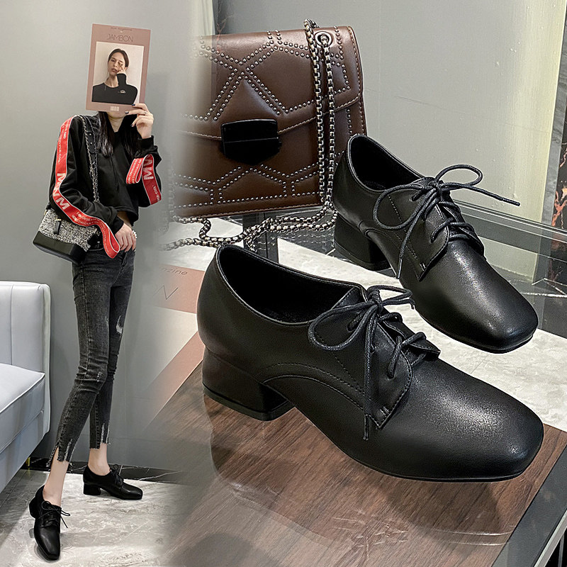 秋冬新款小码女鞋313233单鞋方头中粗跟深口系带英伦小皮鞋女加绒_虎窝淘