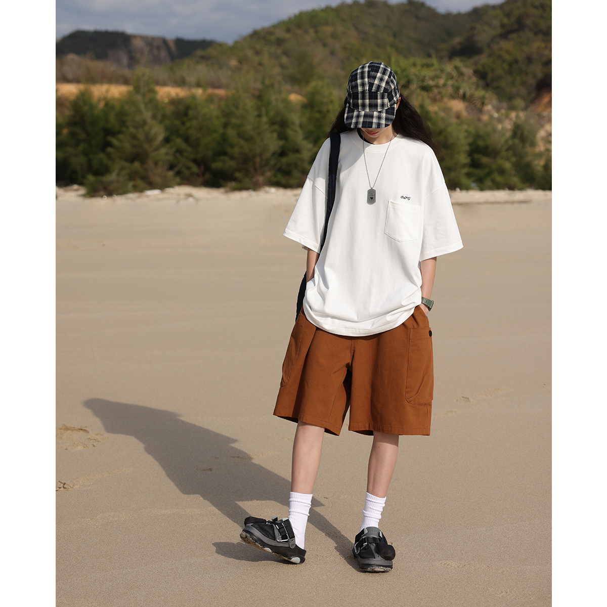 KOUEMGI空味日系夏季简约纯色300g重磅短袖T恤男宽松休闲上衣_虎窝淘