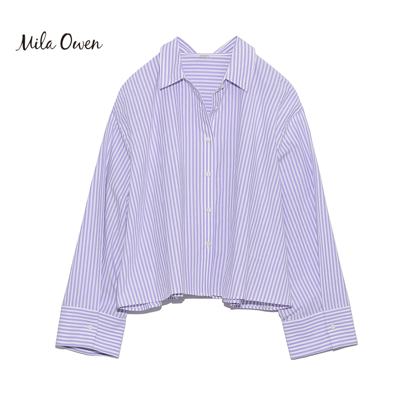 Mila Owen春季款日系学院风条纹短款长袖POLO领衬衫女纯棉多色_虎窝淘