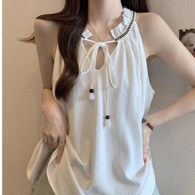 Summer loose large size off-shoulder suspender top Korean style high-end gentle style drawstring ...