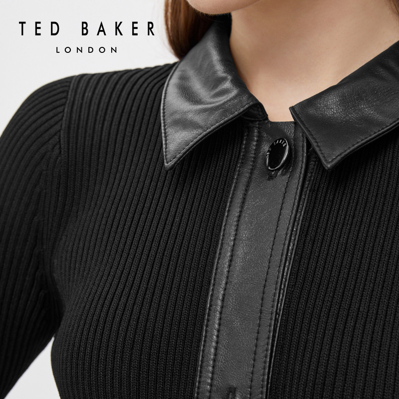 TED BAKER春夏女士纯色优雅翻领包臀长袖针织连衣裙 262422_虎窝淘