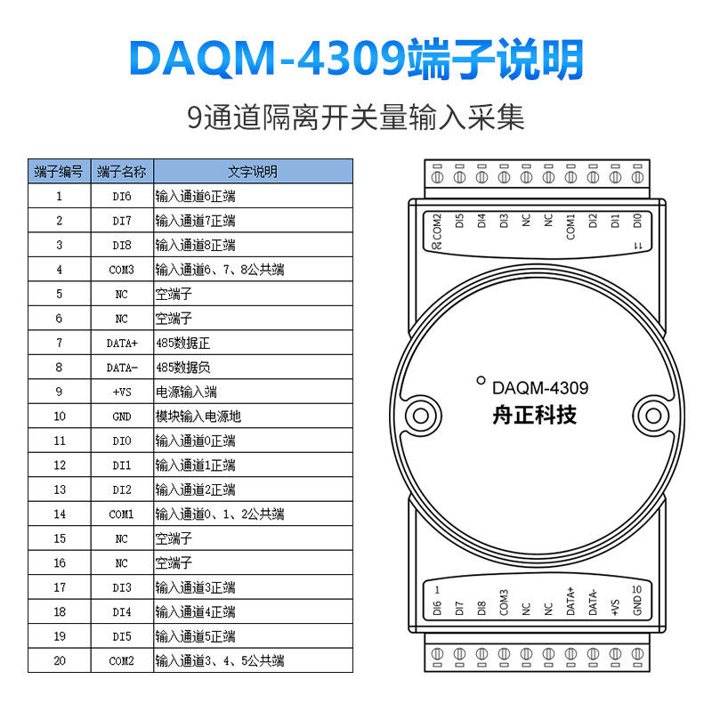 数字量采集转rs485通讯modbus隔离9通道开关量输入模块DAQM-4309_虎窝淘
