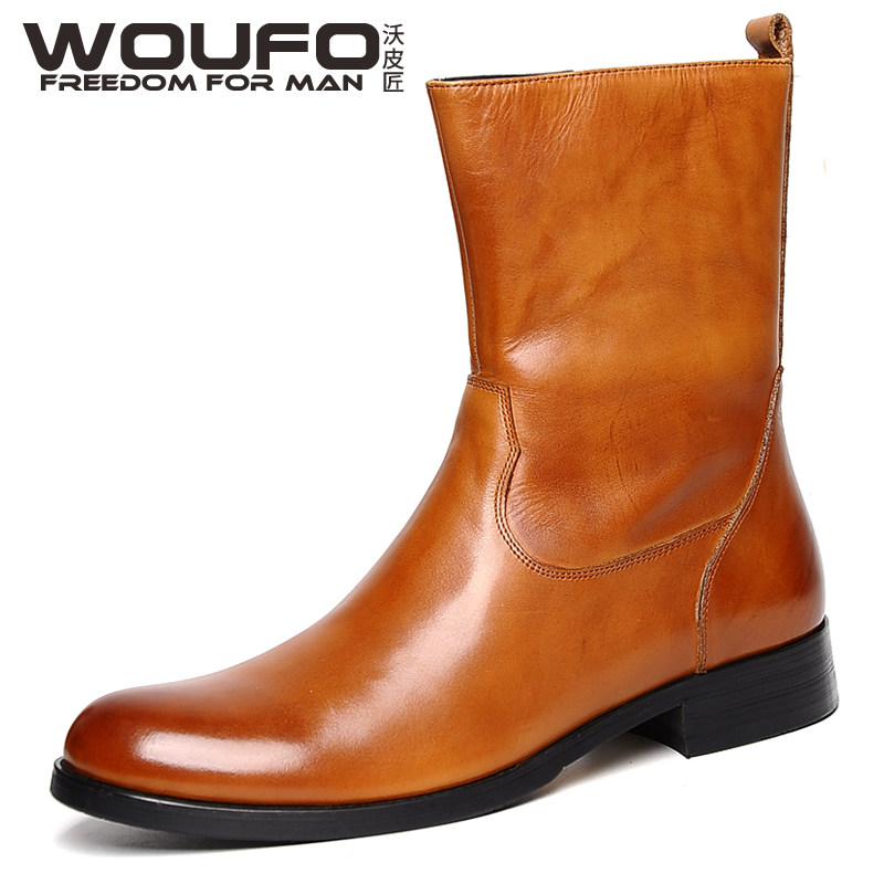 秋冬潮靴英伦青年潮流牛皮靴子男士真皮拉链工装鞋休闲中筒靴子_虎窝淘