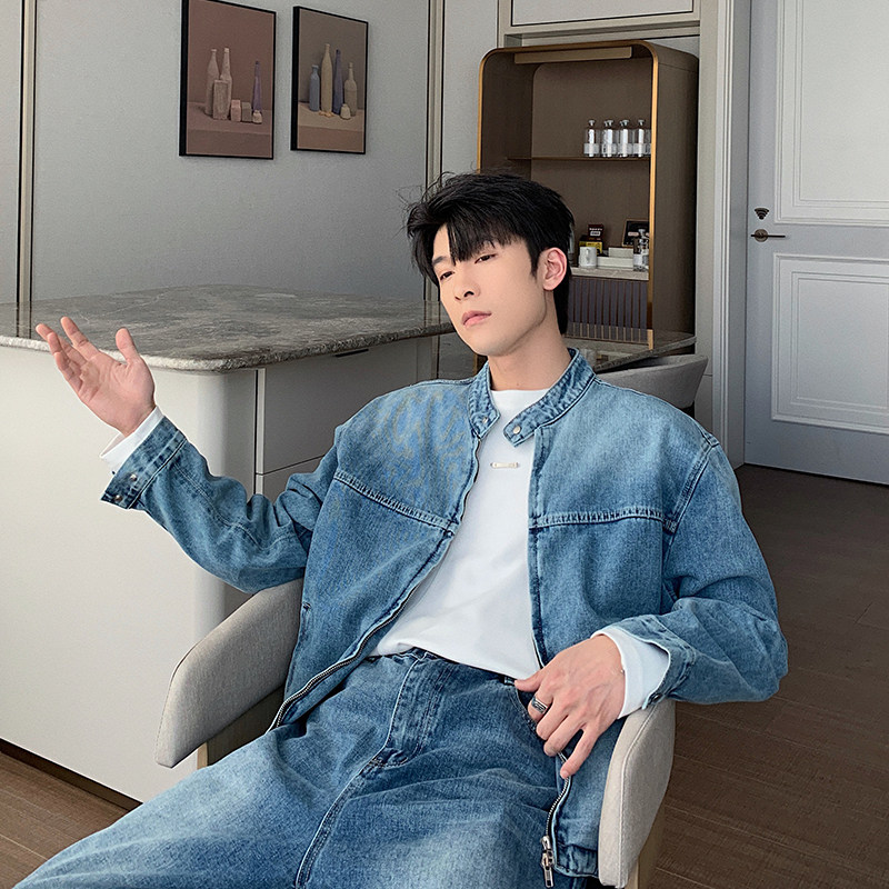 Hualun春季蓝色牛仔套装男高级感痞帅夹克外套潮牌时尚一整套搭配_虎窝淘