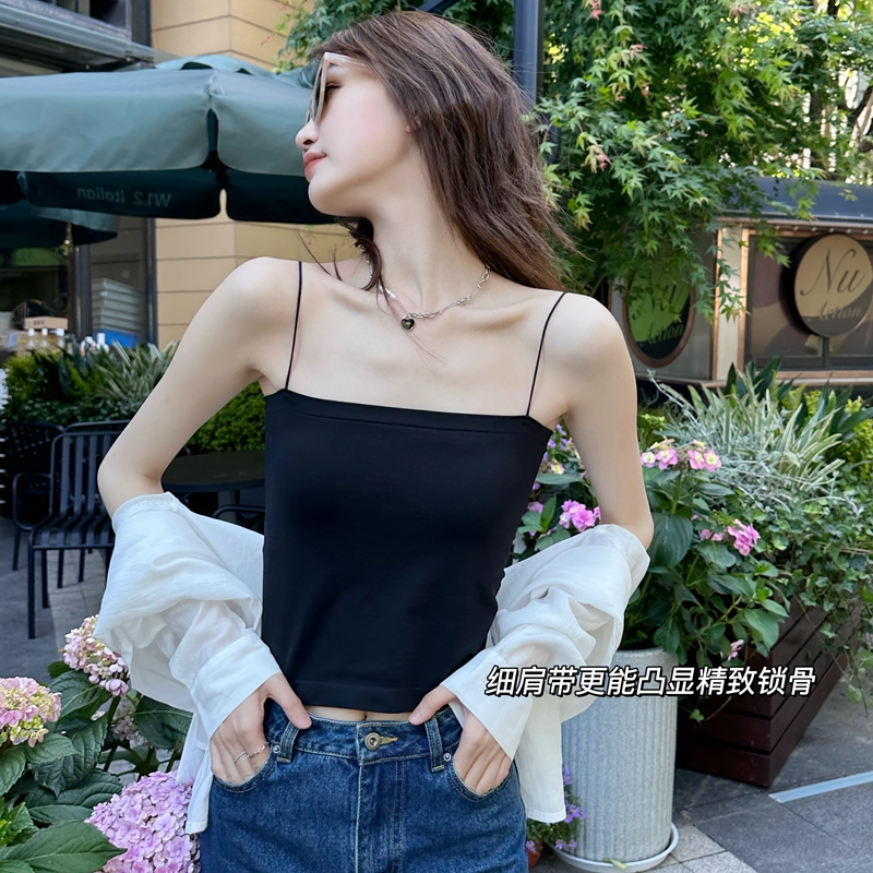 米图细带一字领吊带小背心自带胸垫辣妹女士夏内搭文胸一体式bra_虎窝淘