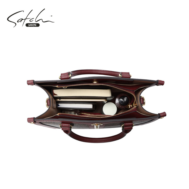 SATCHI/沙驰女包品牌大气手提包老花配皮托特包时尚通勤单肩包_虎窝淘