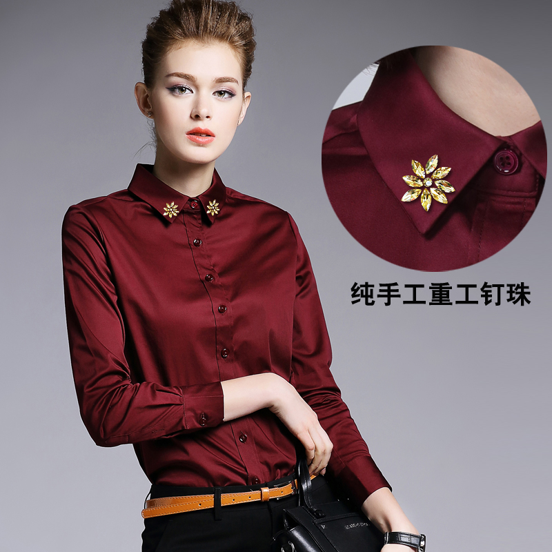 加绒衬衫女打底内搭时尚酒红色寸保暖加厚2023新款百搭秋冬红衬衣_虎窝淘