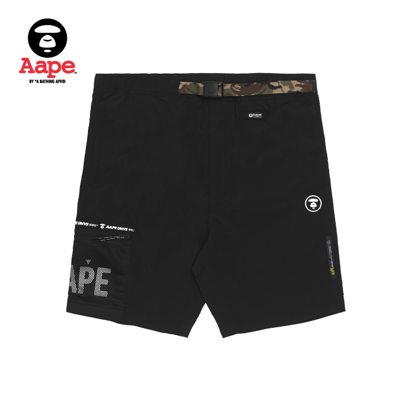 Aape男装春夏猿颜徽章自带迷彩腰带网格口袋拼接休闲短裤6624XXE_虎窝淘