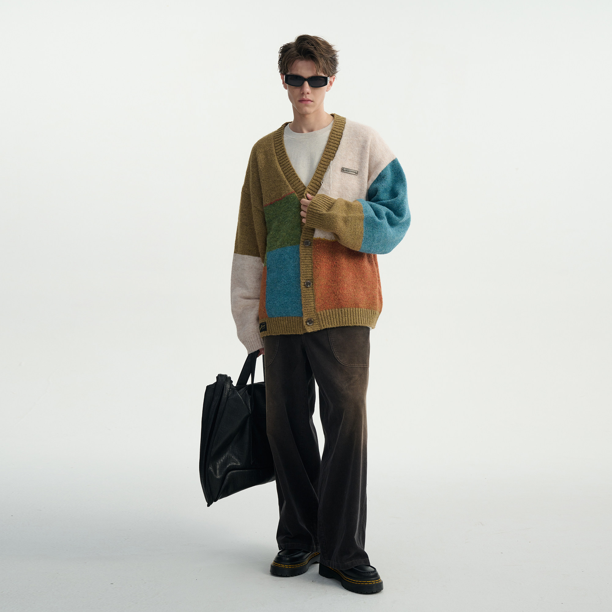 愚人潮社HeartBoon秋季复古不规则拼色流苏开衫毛衣男针织衫外套_虎窝淘