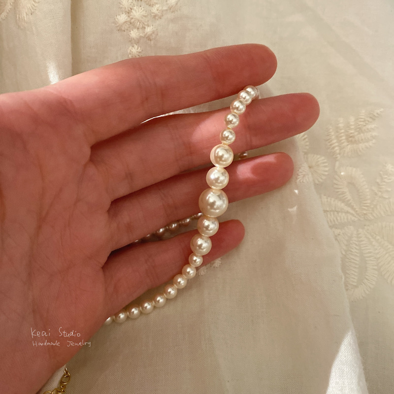 KEAI*手工制渐变奶油珍珠项链施家人造珍珠14K包金锁骨链百搭小众_虎窝淘