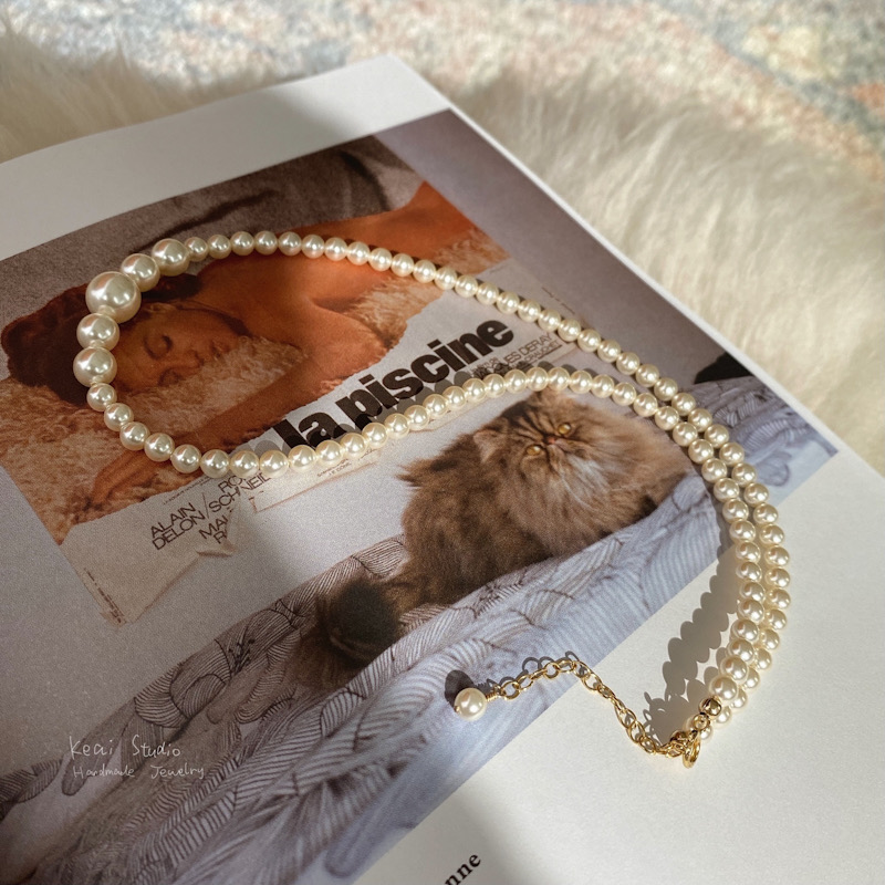 KEAI*手工制渐变奶油珍珠项链施家人造珍珠14K包金锁骨链百搭小众_虎窝淘