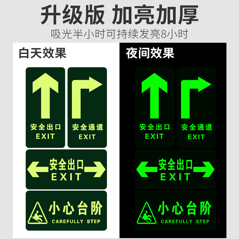 安全出口指示牌标识牌消防标识标牌自发光疏散指示标志应急逃生通道夜光贴纸提示地标贴纸荧光光警示牌标示贴 虎窝淘