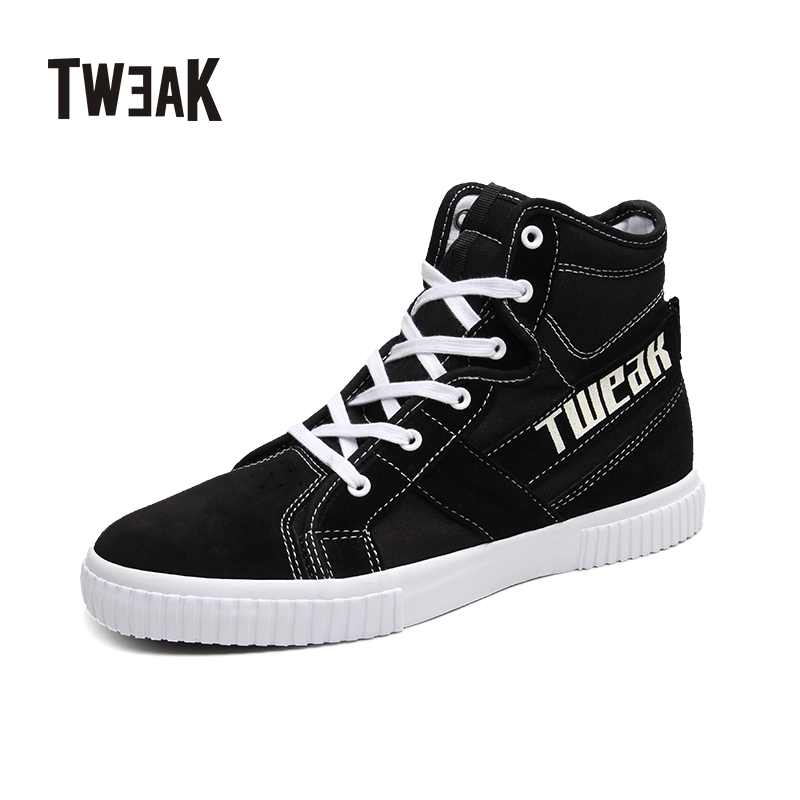 Tweak特威克春秋新款男鞋牛皮饰条拼接帆布高帮休闲板鞋男靴子_虎窝淘