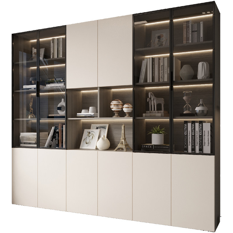 现代轻奢家用书架办公室客厅实木书柜一体整墙到顶书房储物柜定制_虎窝淘