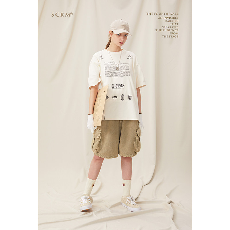 SCRM"THE FOURTH WALL"夏季复古洗水工装短裤男士宽松情侣五分裤_虎窝淘