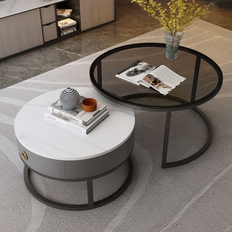 岩板茶几客厅家用小户型圆形茶几桌轻奢现代简约钢化玻璃网红茶桌_虎窝淘