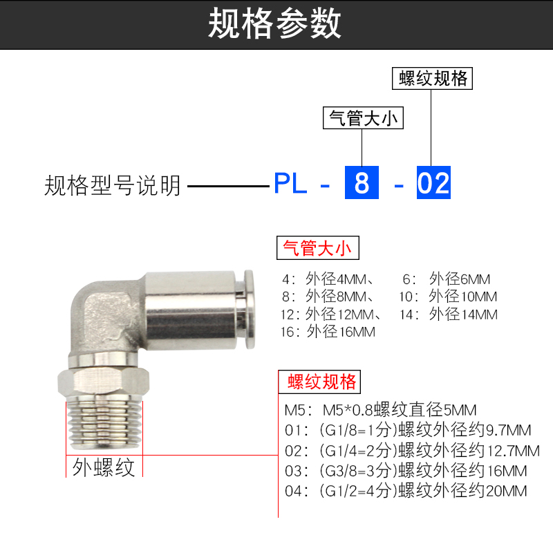全金属耐高温螺纹弯头PL4/6/8/10/12-M5-01-02-03-04气管快速接头_虎窝淘