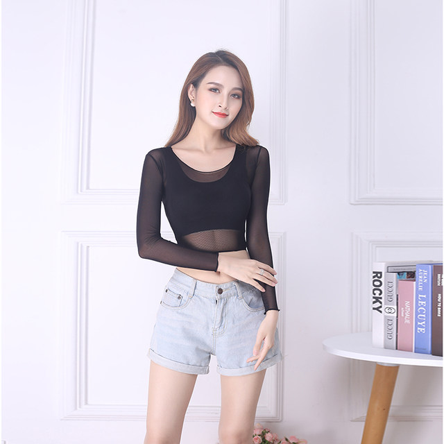 Summer women's slim mesh top short-sleeved round neck T-shirt skin ...