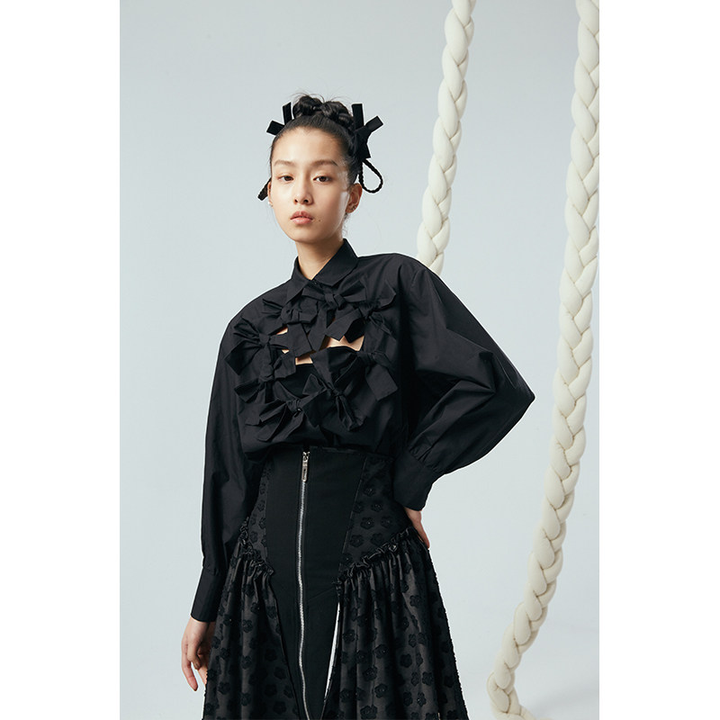 【秋冬福利款】DIDDI蝴蝶结纯色镂空小众设计感别致宽松上衣_虎窝淘