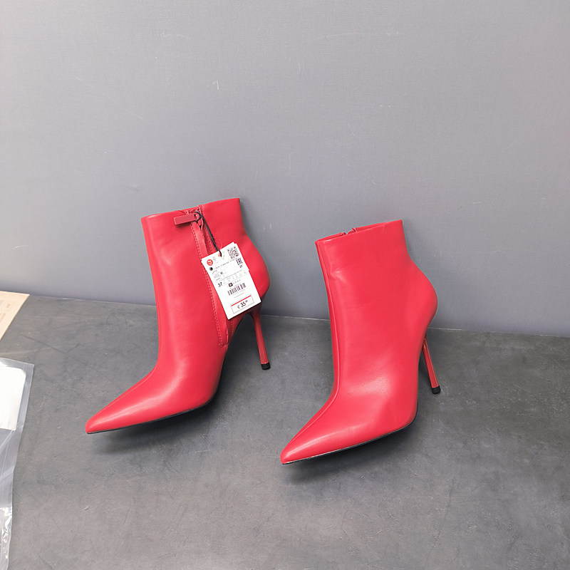 外贸出口西班牙尖头细跟超高跟短靴侧拉链纯红色时装大码女靴子_虎窝淘