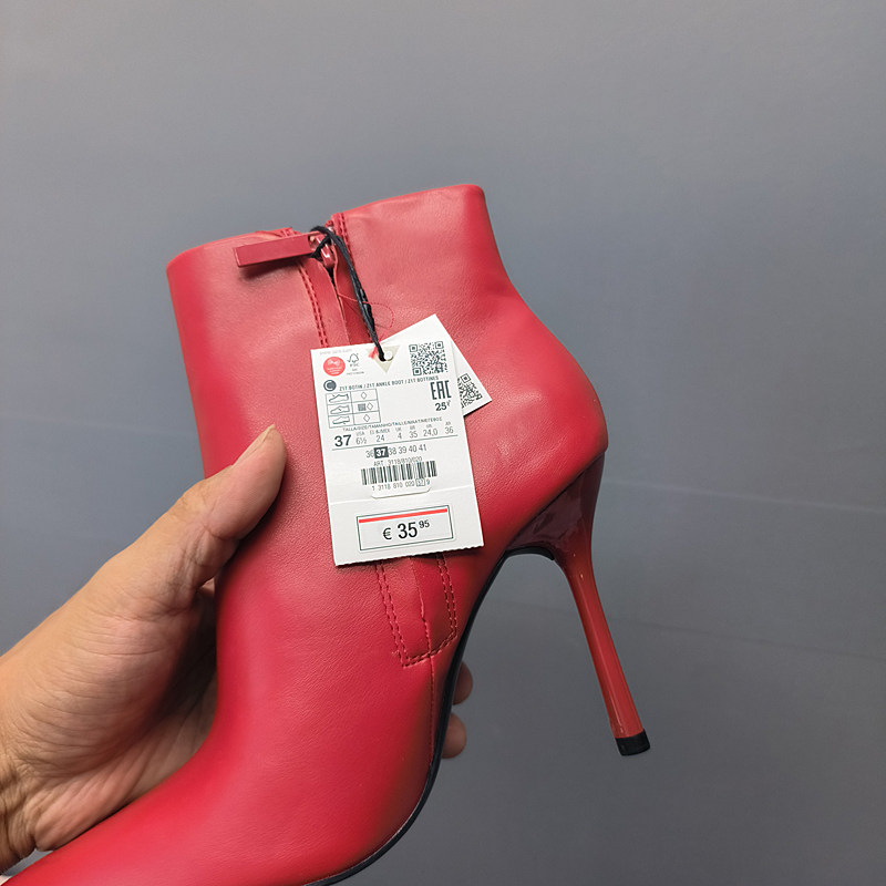 外贸出口西班牙尖头细跟超高跟短靴侧拉链纯红色时装大码女靴子_虎窝淘