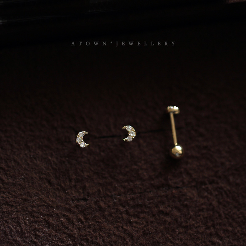 ATOWN定制纯9K金耳骨钉超迷你小钻月亮耳饰可爱韩国耳环女_虎窝淘