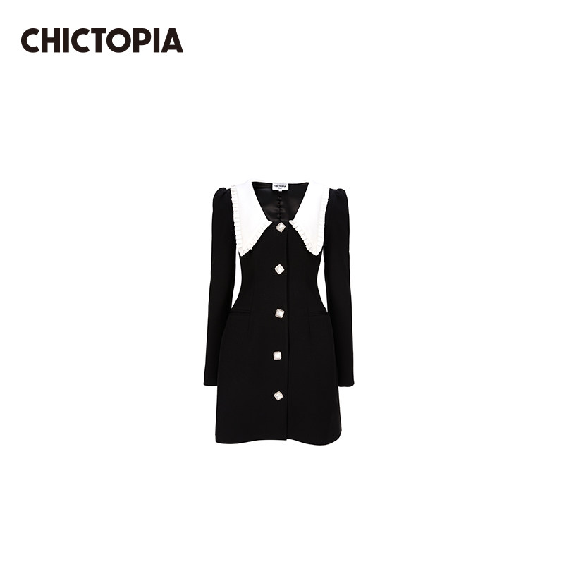 CHICTOPIA CHIC刘清扬新品花边尖领黑白拼接收腰连衣裙_虎窝淘