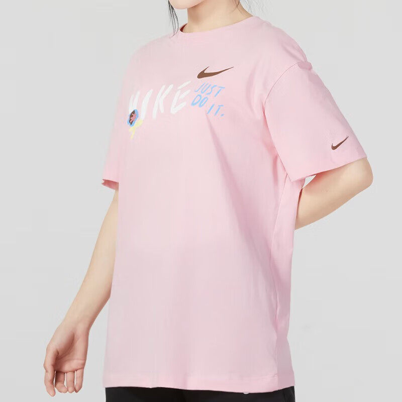 耐克粉色短袖女针织纯棉T恤印花休闲半袖柔软宽松运动上衣FJ7714_虎窝淘