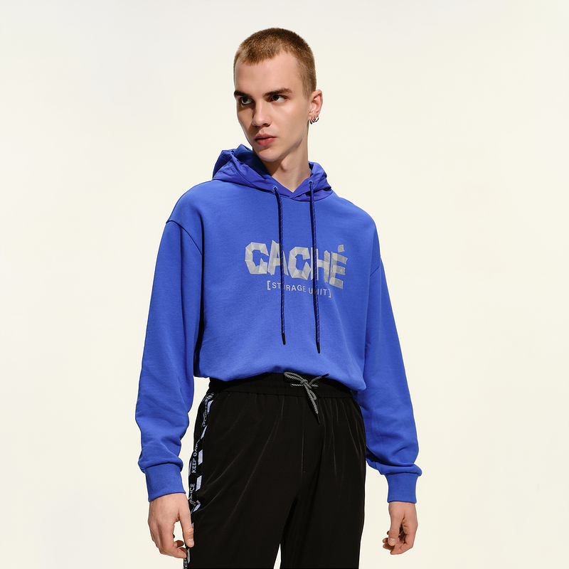 GXG奥莱男春蓝色连帽卫衣男胶布套头衫潮#GC131601A_虎窝淘