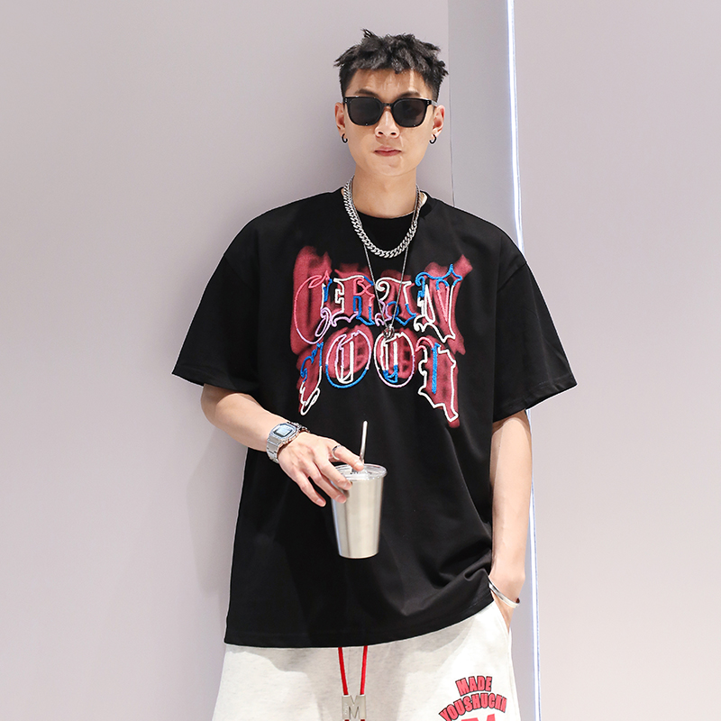 有术美式280g重磅纯棉T恤夏季男潮流宽松情侣大码休闲男款短袖_虎窝淘