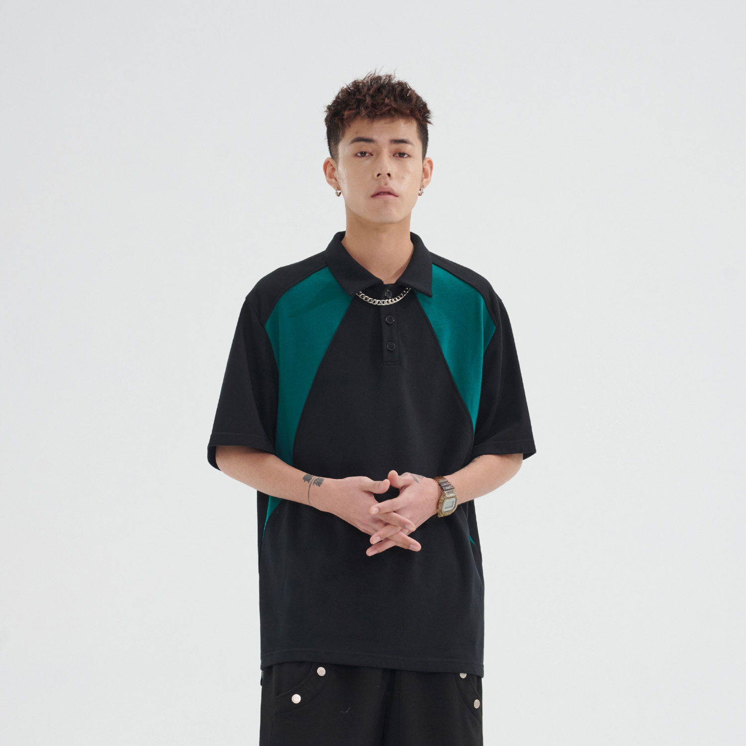 PCLP撞色拼接POLO国潮牌纯色宽松休闲翻领半袖美式夏季短袖t恤男_虎窝淘