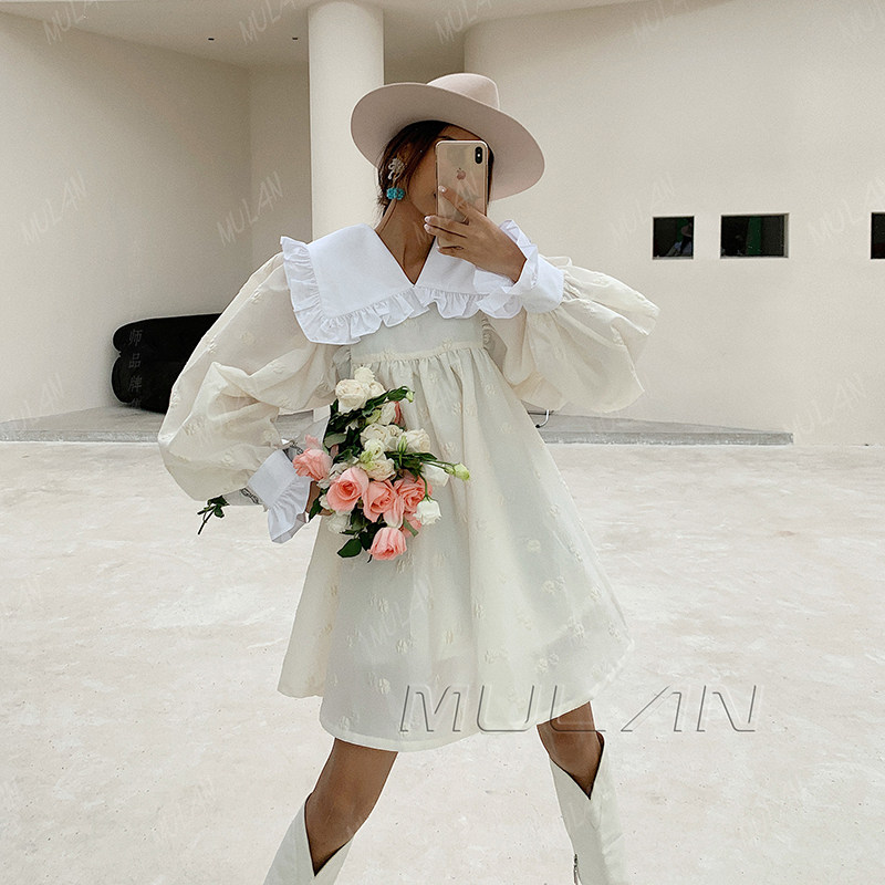 ESTER HSU花瓣立体提花宽松娃娃领连衣裙甜美_虎窝淘