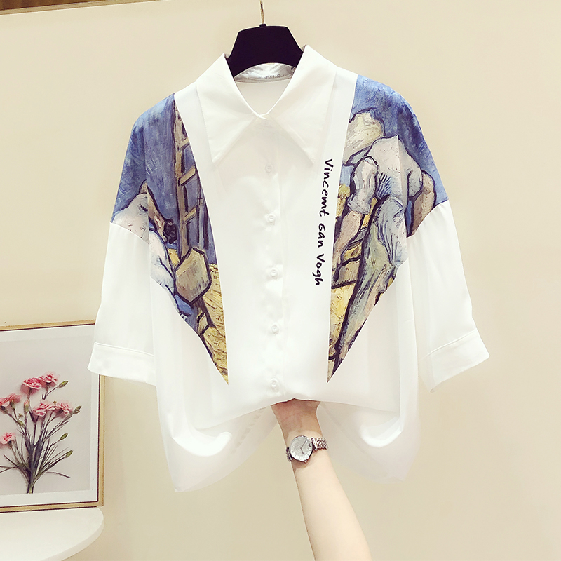 欧货复古设计感小众印花宽松短袖衬衫女夏季新款POLO领上衣半袖潮_虎窝淘