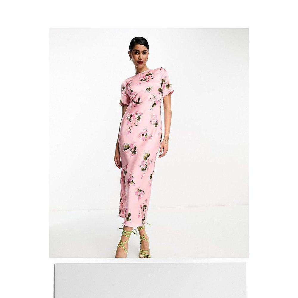 香港直邮潮奢 ASOS女士设计缎面中长茶色后绑带玫瑰花朵连衣裙(s_虎窝淘