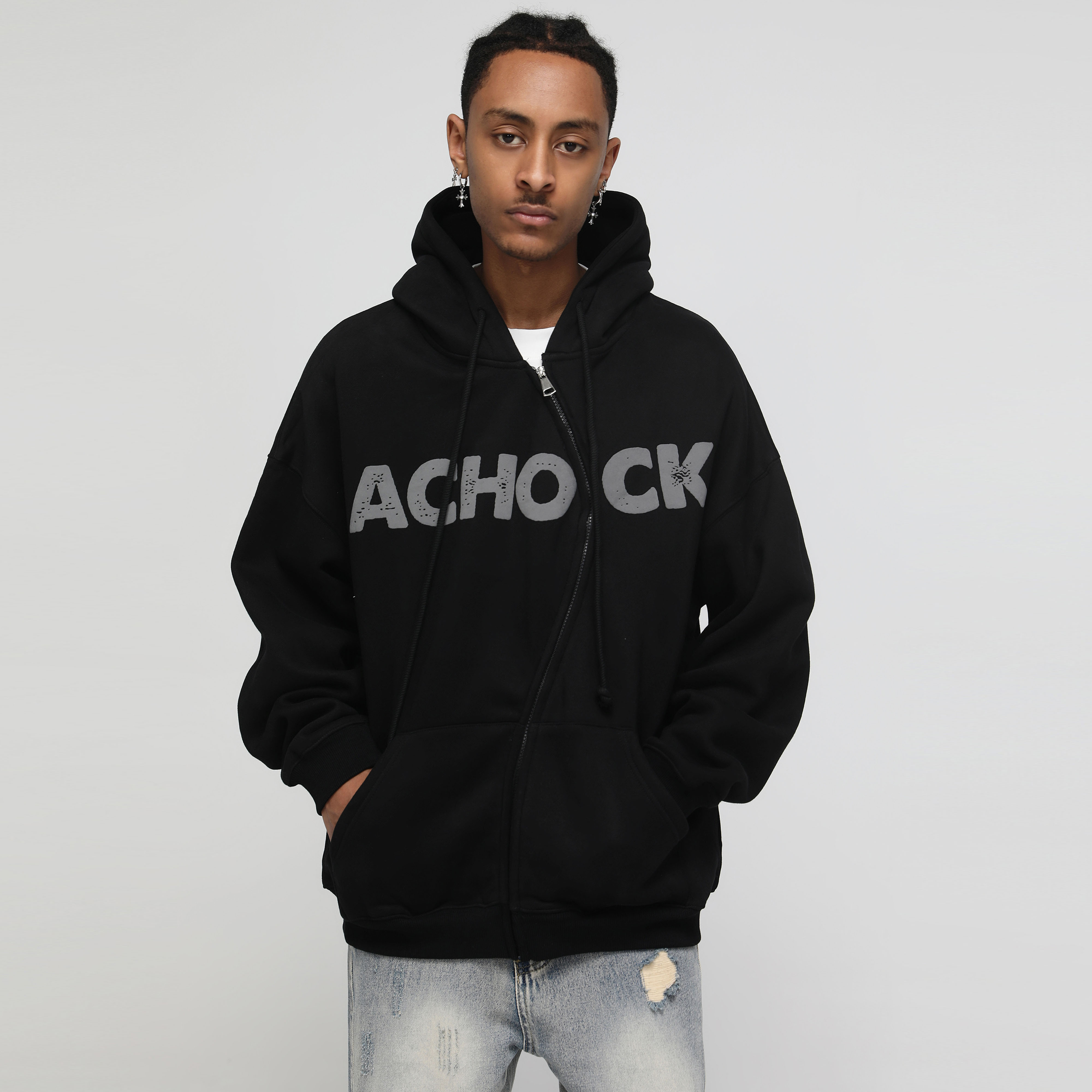【Achock官方店】原创个性拉链logo印情侣卫衣男帽衫美式连帽外套_虎窝淘