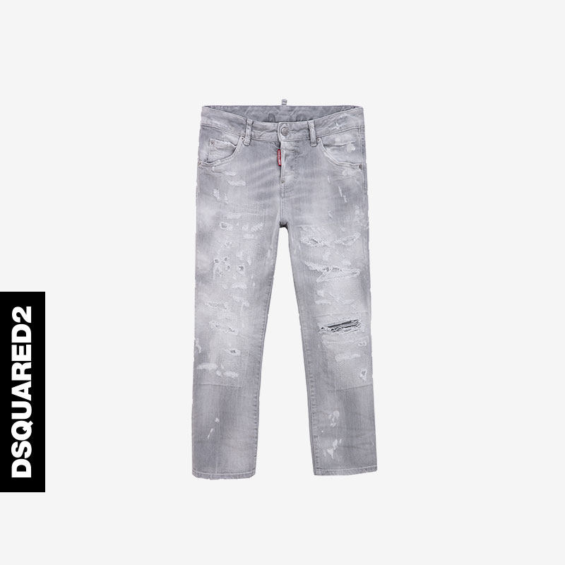 DSQUARED2/D2次方春夏高街潮ins直筒休闲破洞浅灰色牛仔裤女_虎窝淘