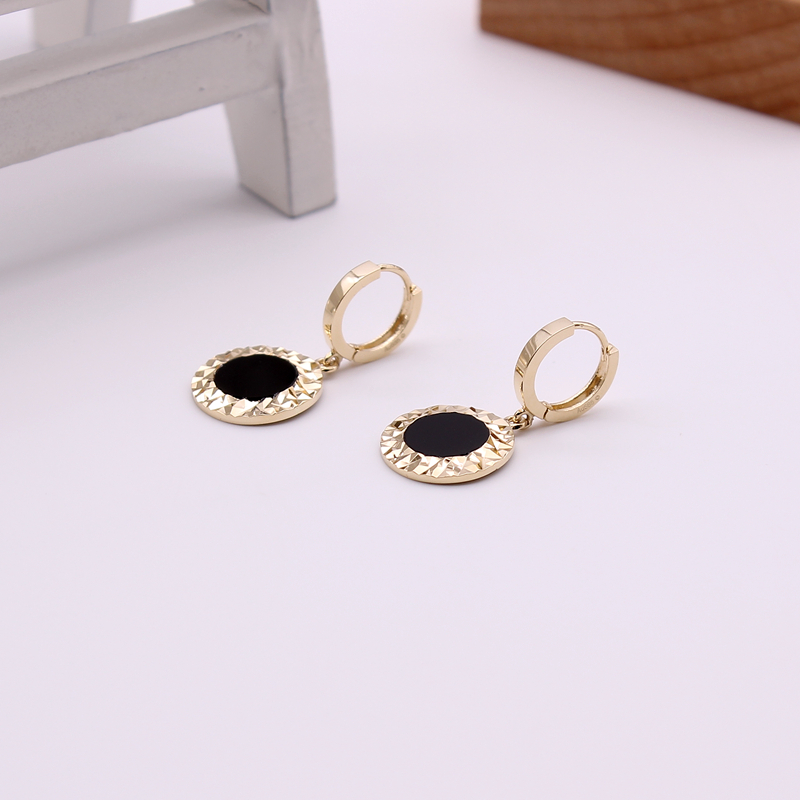 吉恩希韩国正品纯14K黄金Au585黑玛瑙款圆片耳环女切割亮面耳圈_虎窝淘