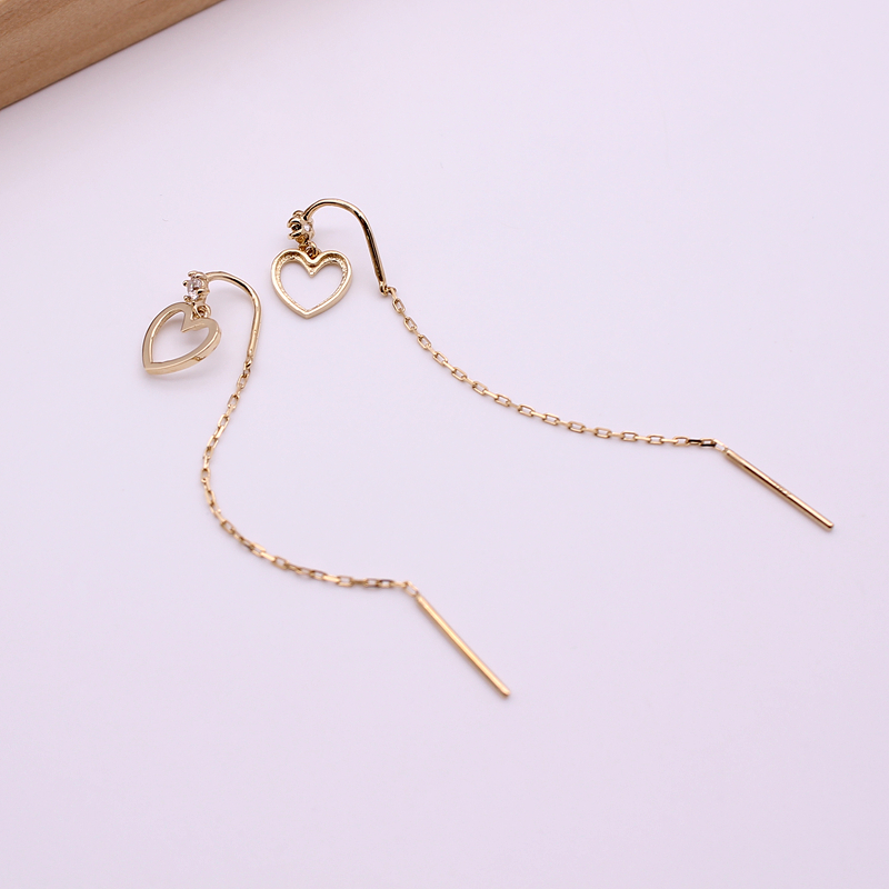 吉恩希韩国正品纯14K黄金Au585爱心款流苏冷淡风耳线简约秀气小众_虎窝淘