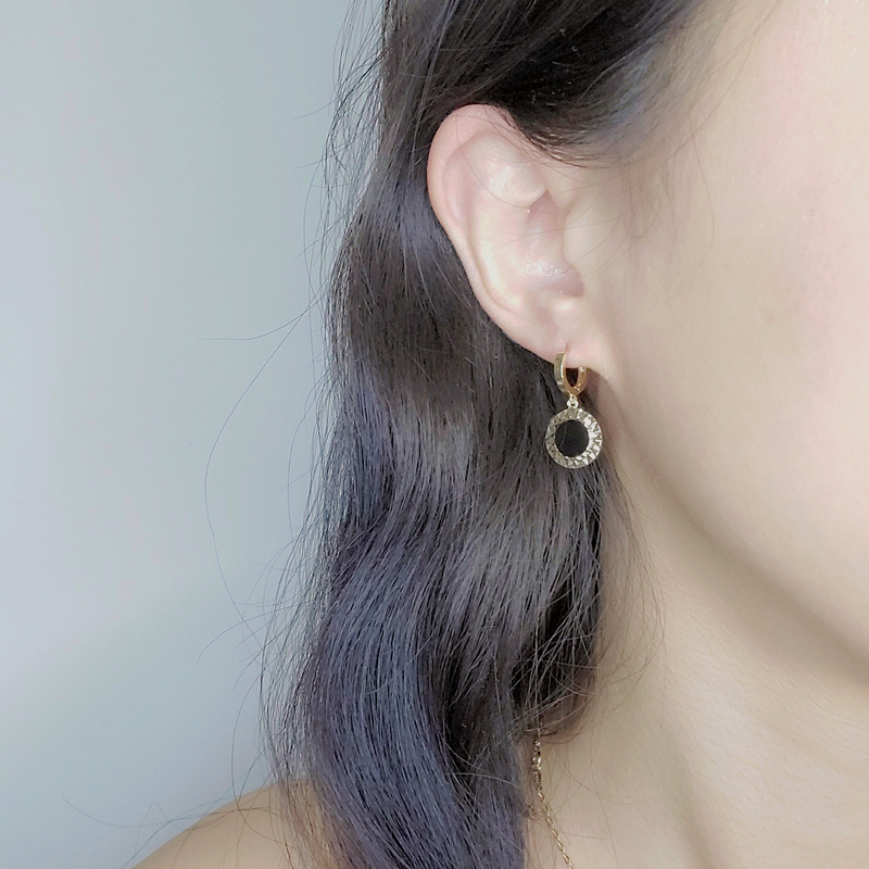 吉恩希韩国正品纯14K黄金Au585黑玛瑙款圆片耳环女切割亮面耳圈_虎窝淘